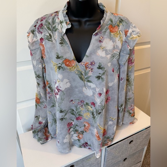 Gibson | Tops | Gibson Gray Ruffled Blouse With Mandarin Collar | Poshmark